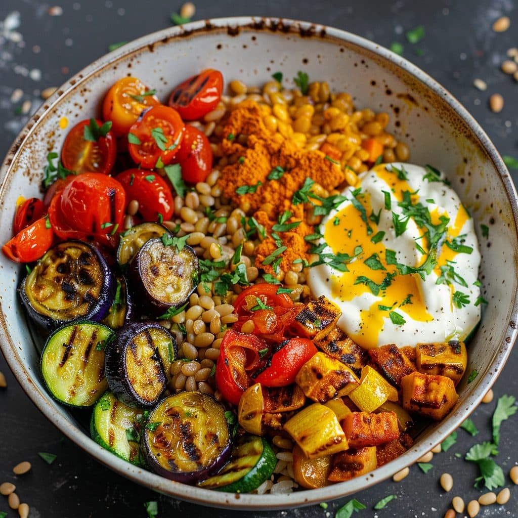 Safran Iftar Gersten-Bowl mit gebratenem Gemüse und Harissa-Joghurt ...